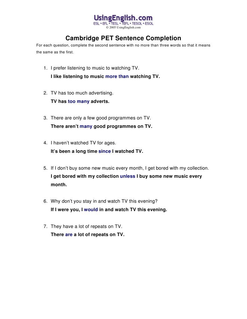 Cambridge Pet Sentence Complet | PDF