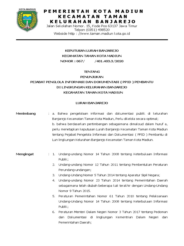 SK Ppid Pembantu Kelurahan Banjarejo 2021 | PDF