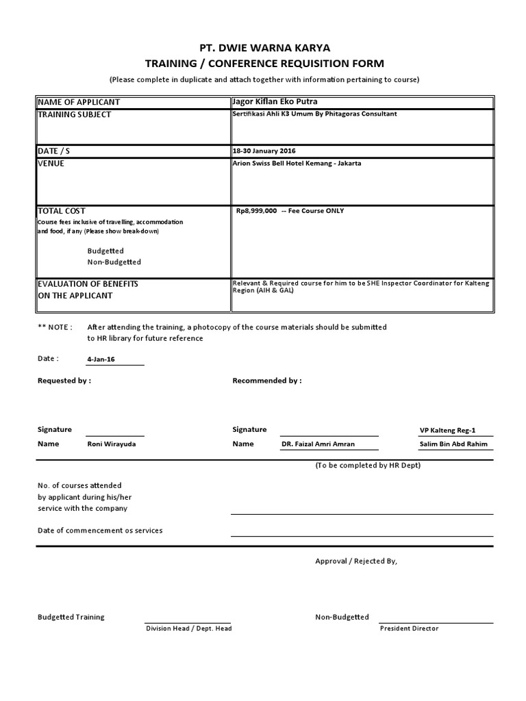 PT Dwie Warna Training Requisition Form | PDF