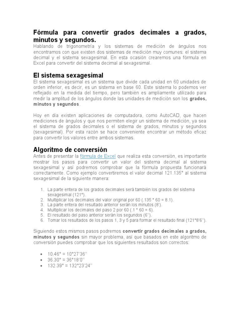 Fórmula para Convertir Grados Decimales A Grados | PDF | Matemáticas