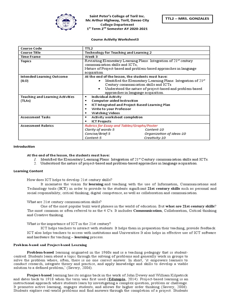 Course-Activity-Worksheet TTL2-W3 | PDF | Project Based Learning | Teaching