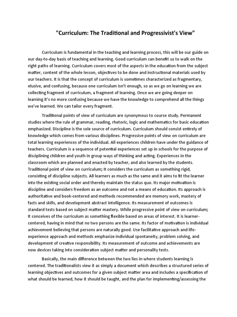 Traditional vs. Progressive Curriculum | PDF | Curriculum | Learning