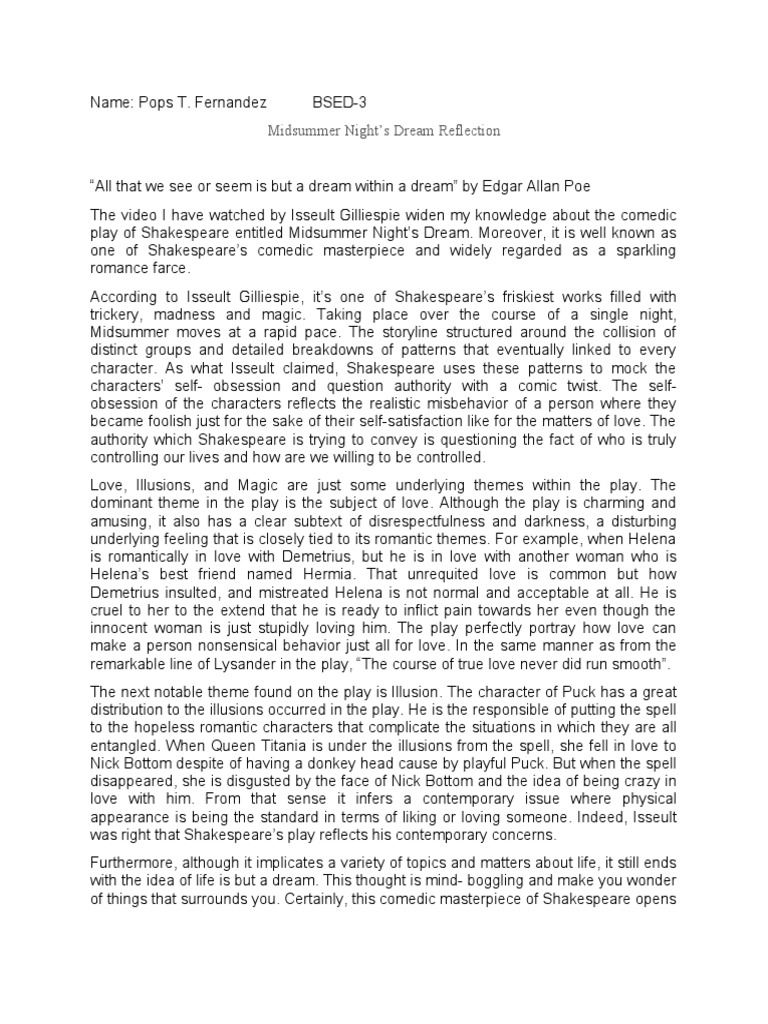 Midsummer Night's Dream Reflection | PDF | A Midsummer Night's Dream