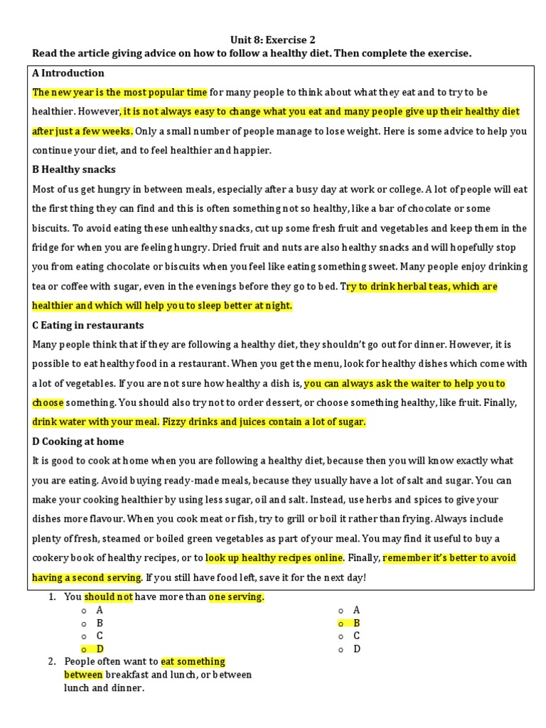 Unit 8 Reading Exercises 2,3,4,5 | PDF | Meal | Lunch