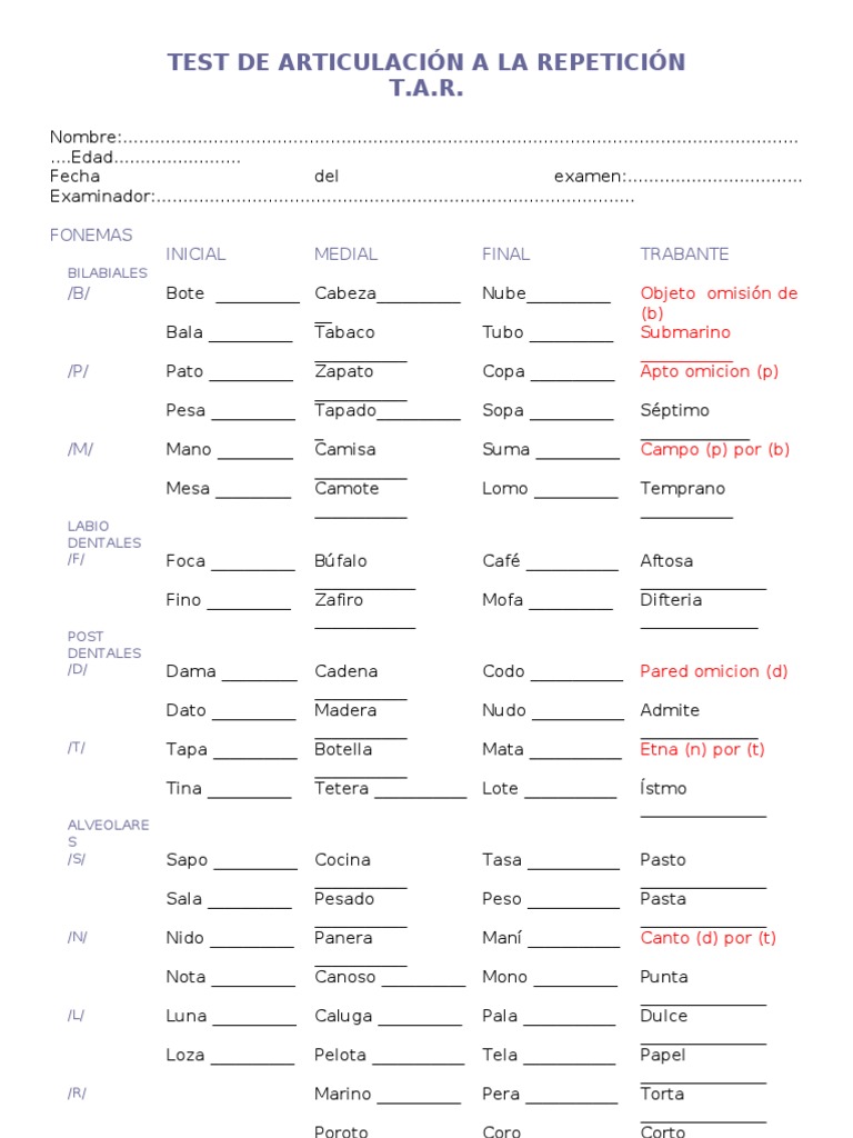 Test de Articulación TAR | PDF