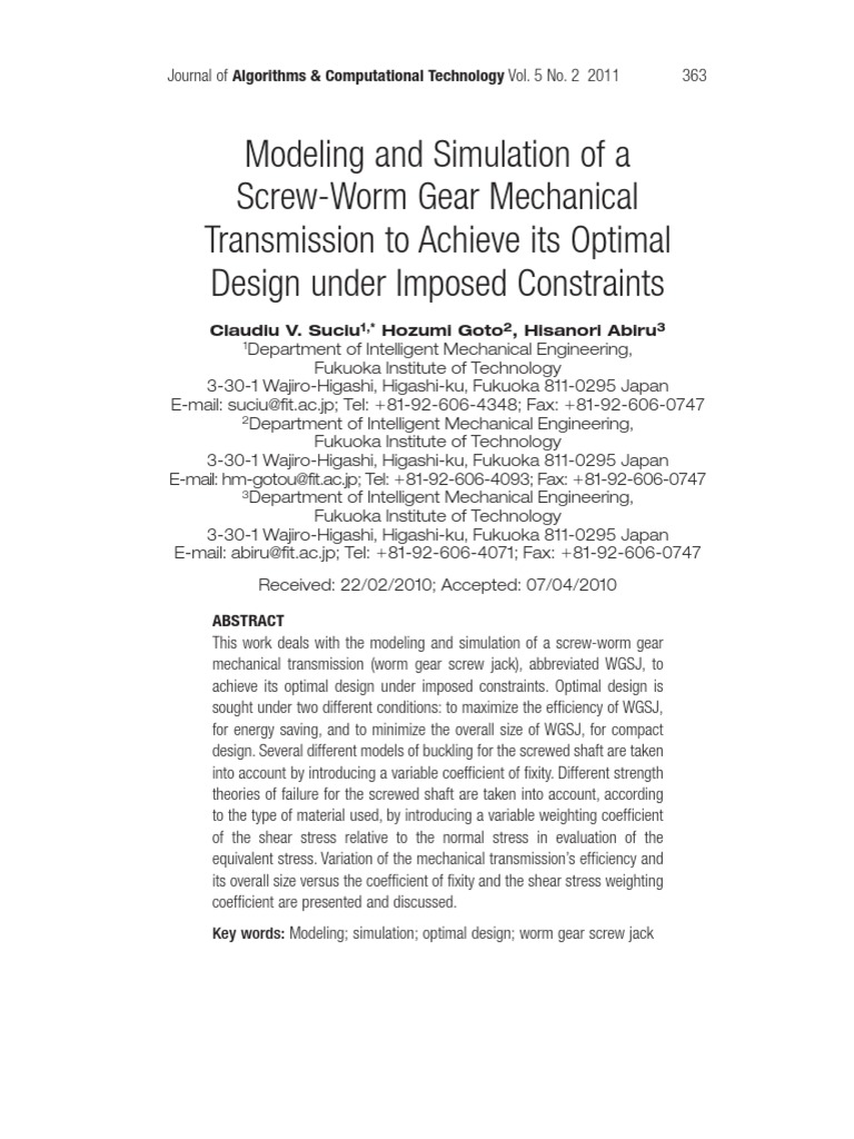 Modeling and Simulation of A Screw Worm Gear Mechanical Transmission To ...