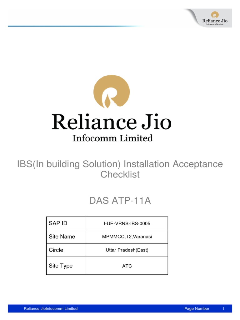 IBS (In Building Solution) Installation Acceptance Checklist: Sap Id ...