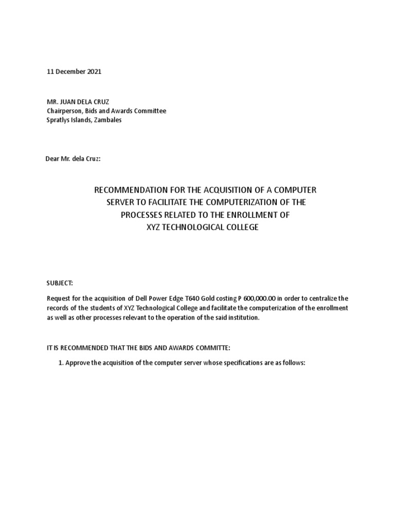 Recommendation Letter For Server Acquisition | Download Free PDF ...