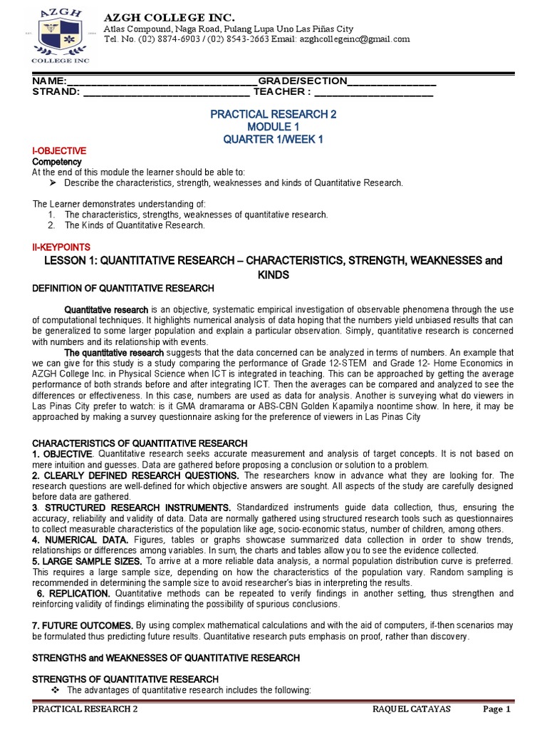 Practical Research 2 Quarter 1/week 1: Lesson 1: Quantitative Research ...