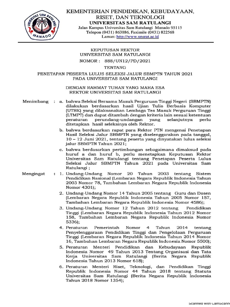 Pengumuman Lulus SBMPTN 2021 UNSRAT | PDF