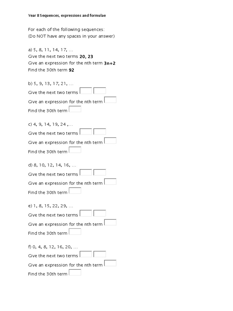Y8 Unit 2 Sequences, Expressions and Formulae | PDF