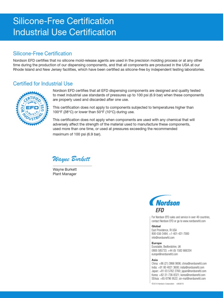 Nordson EFD Silicone Free Industrial Use Certification | PDF ...