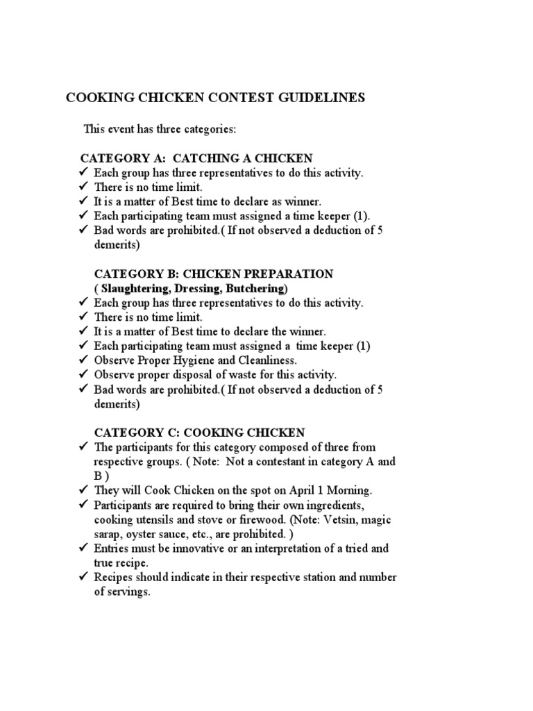 Cooking Chicken Contest Guidelines | PDF | Cuisine | Food And Drink ...