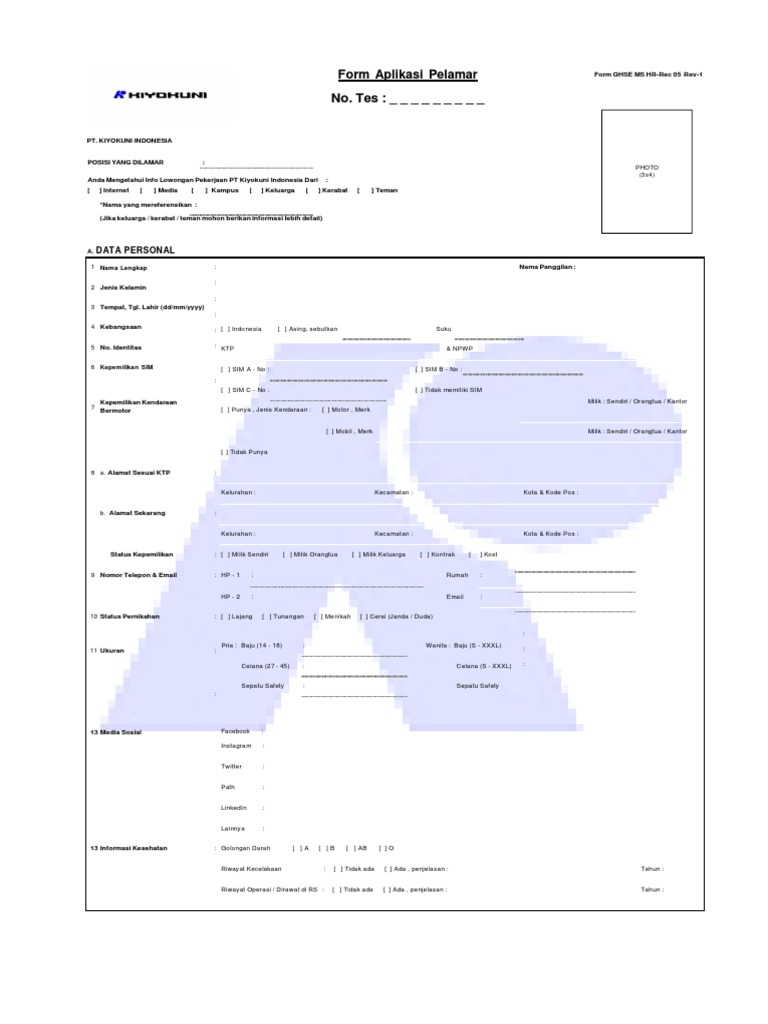 Form Aplikasi Pelamar PT Kiyokuni Indonesia | PDF