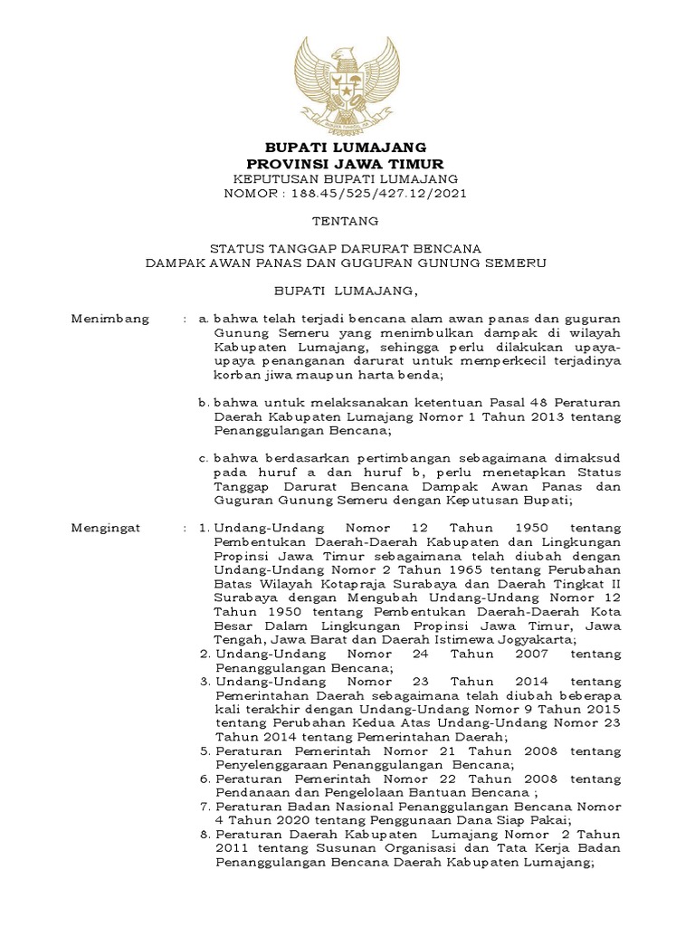 Bupati No. 525 Tahun 2021 Tentang Status Tanggap Darurat Bencana Erupsi Semeru | PDF