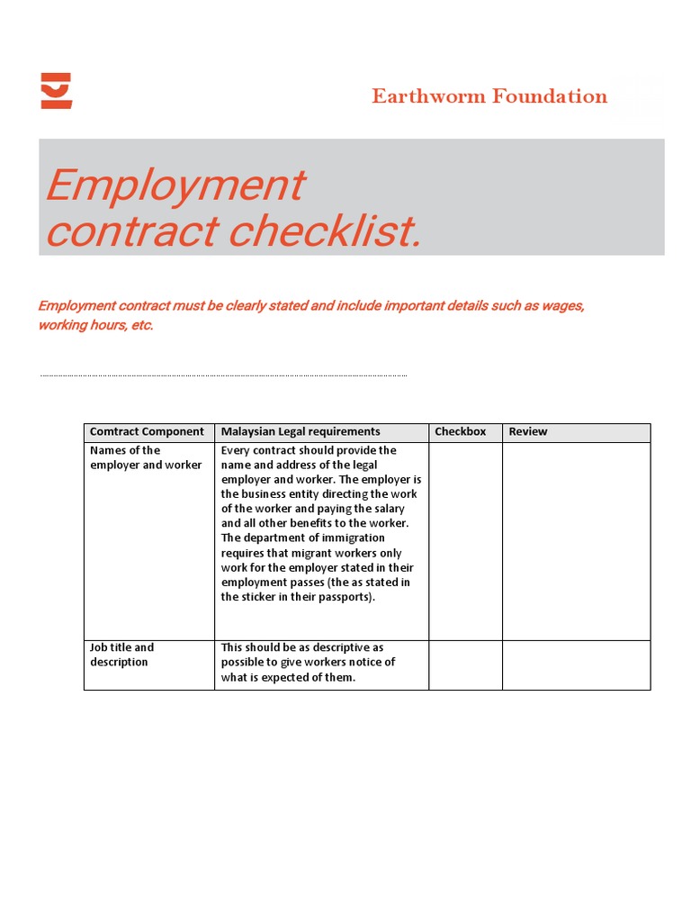 Employment Contract Checklist.: Earthworm Foundation | PDF | Employment ...