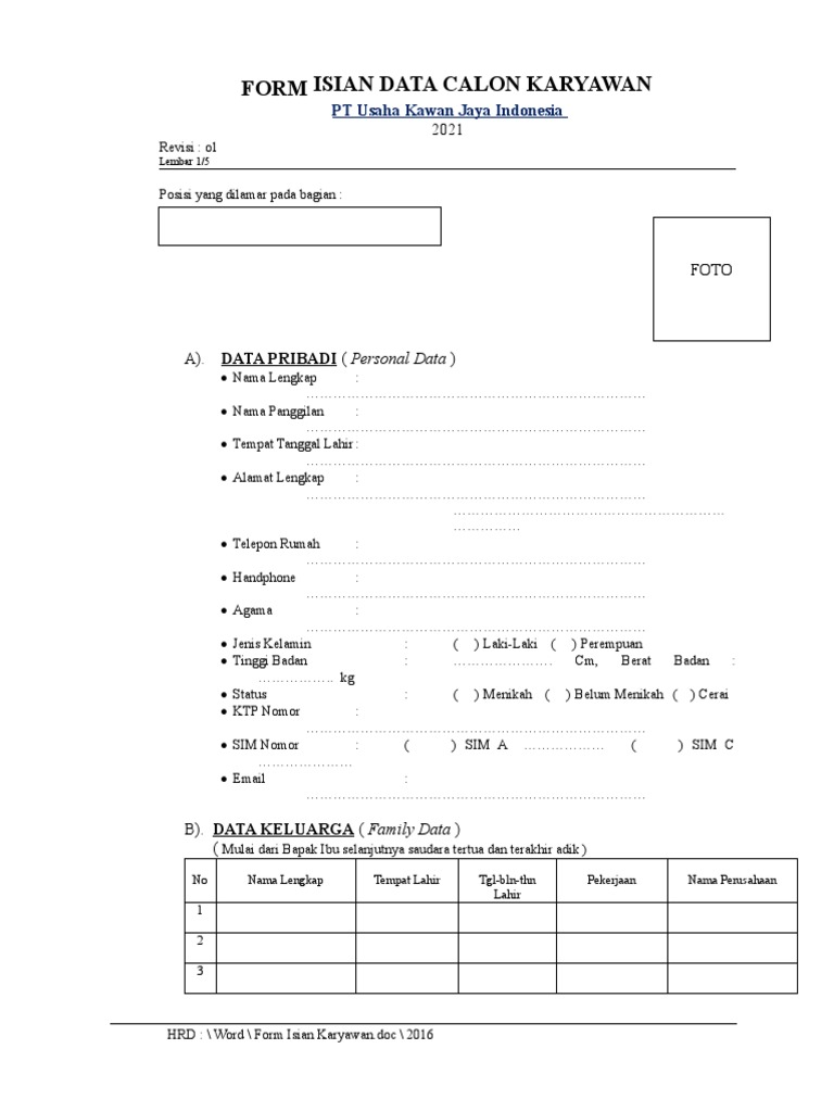 Form Isian Data Calon Karyawan Ukji | PDF