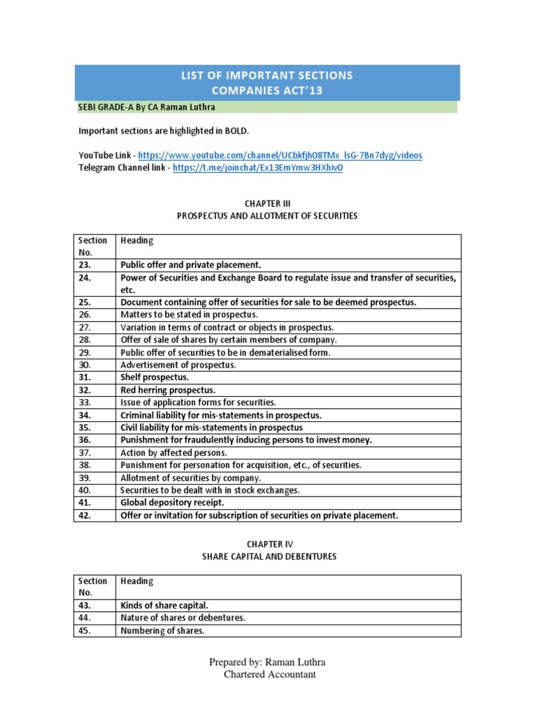 Companies Act - Imp Section | PDF | Board Of Directors | Securities ...