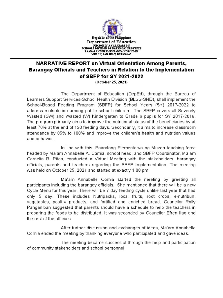 Narrative Report On SBFP Orientation | PDF | Nutrition | Diet & Nutrition