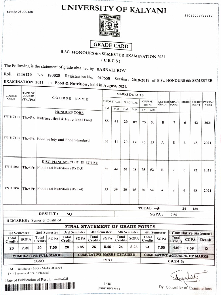 University Grade Card | PDF | Academia | Science