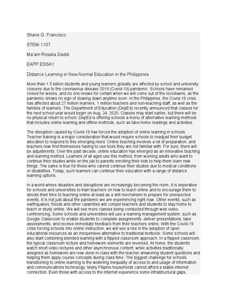 Shane G. Francisco STEM-1107 Ma'am Rosalia Gaddi Eapp Essay Distance ...