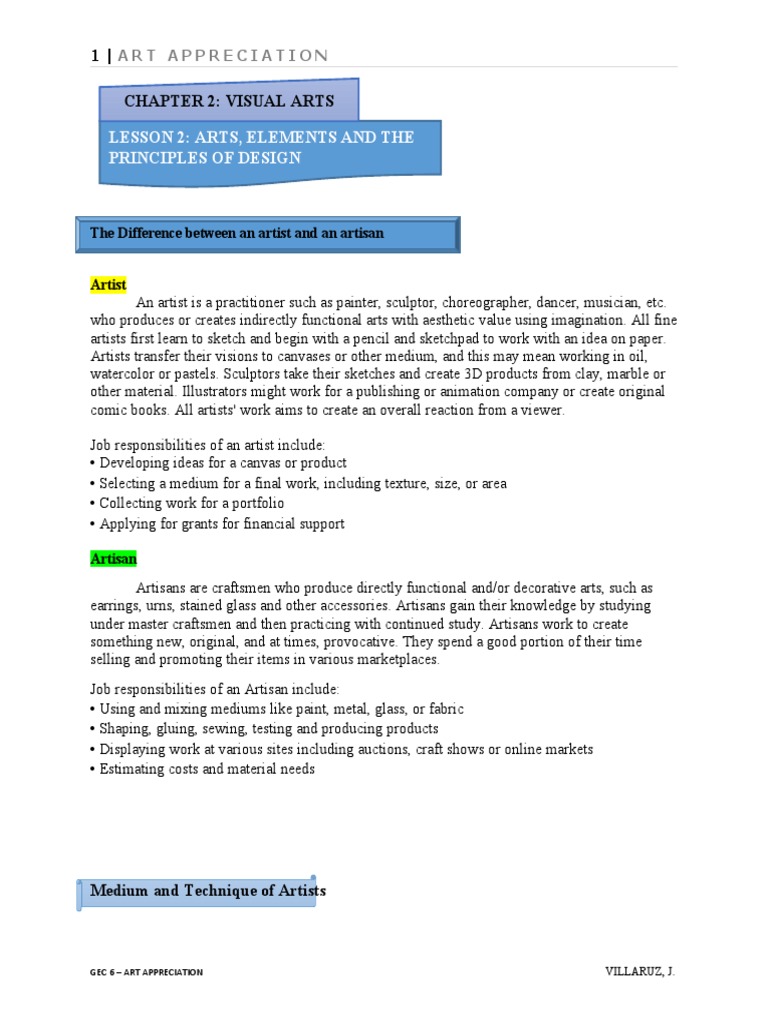 Chapter 2 Lesson 2 Arts Elements And The Principles Of Design Pdf