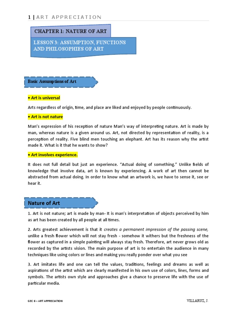 Lesson 3 - Assumption, Functions and Philosophies of Art | PDF | Beauty ...