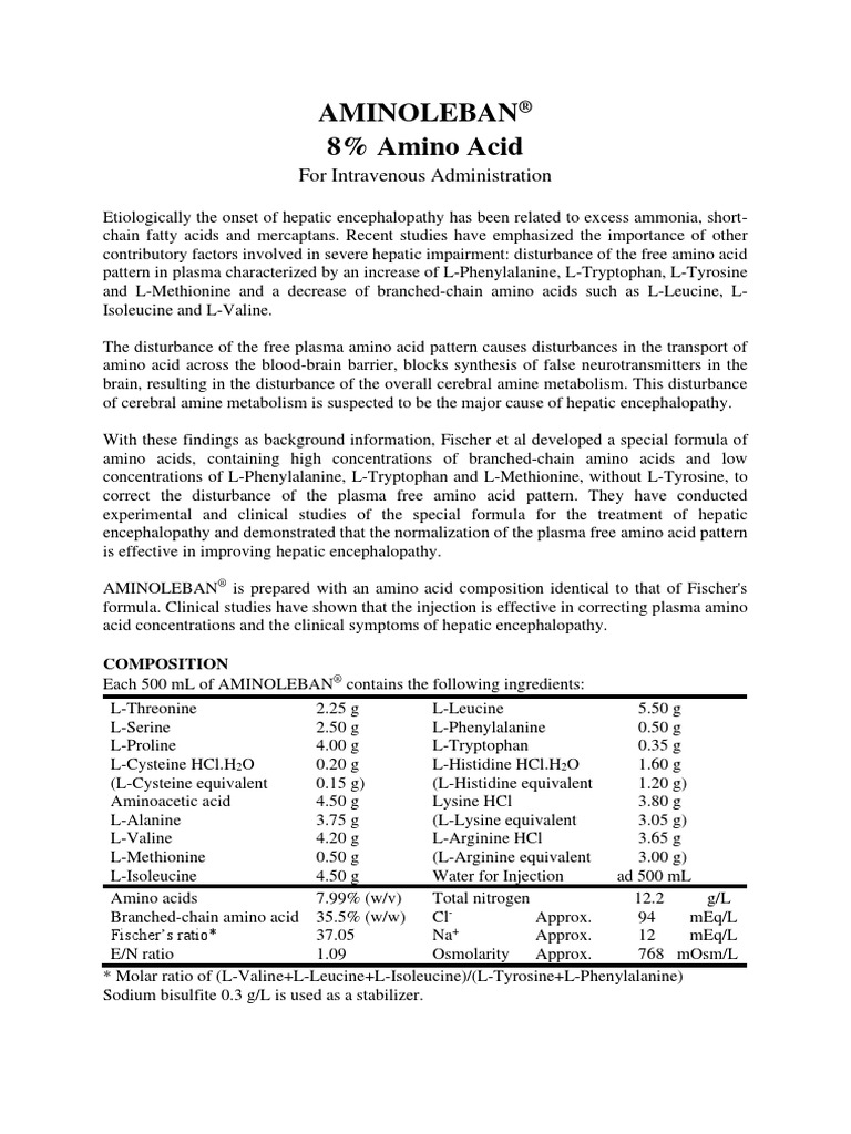 Aminoleban 8% Amino Acid: For Intravenous Administration | PDF ...