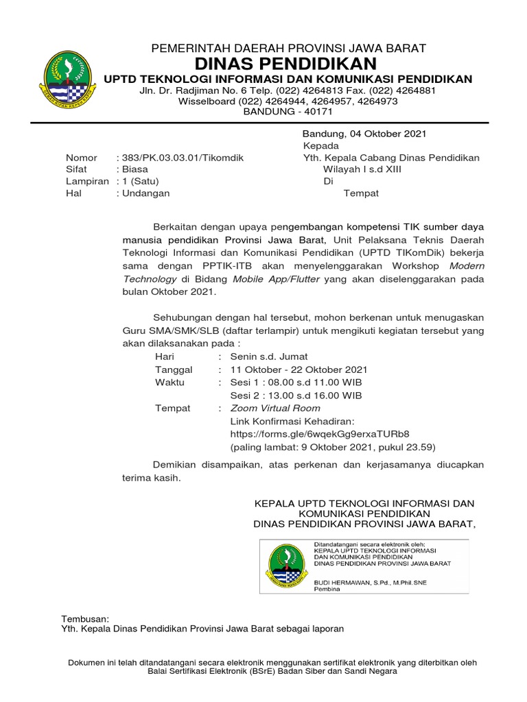 Surat Undangan Workshop Mobile App Flutter Surat KCD 1 S.D XIII - Sign - Sign | PDF