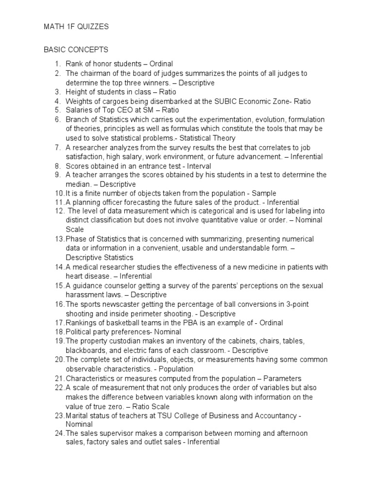 Math Quizzes | PDF | Statistics | Level Of Measurement