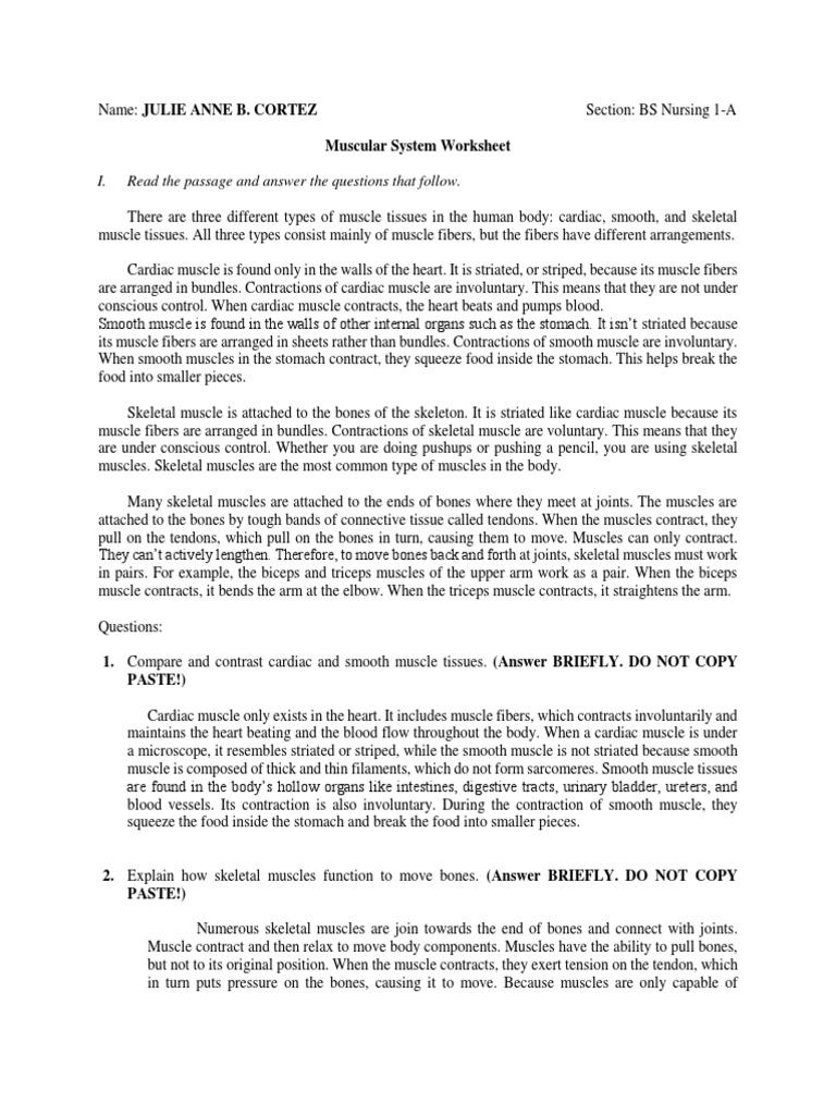 Muscular System Worksheet: I. Read The Passage and Answer The Questions ...