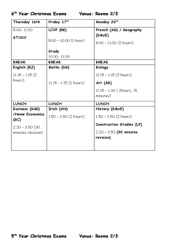 Christmas Exams TT 2021 | PDF