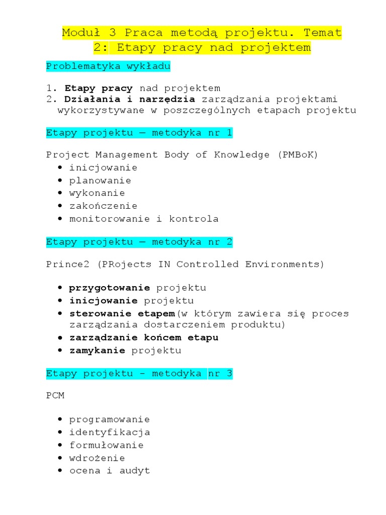 Moduł 3 Praca Metodą Projektu. Temat 2: Etapy Pracy Nad Projektem | PDF