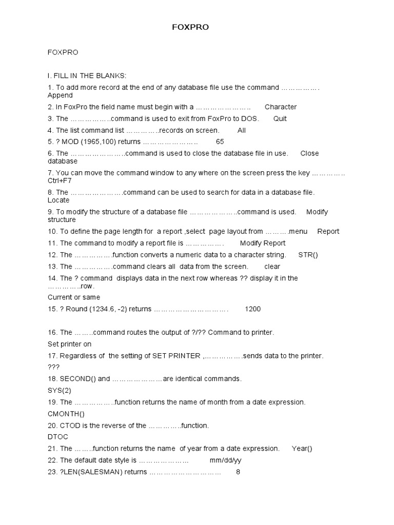 Foxpro MCQ Question | PDF | Array Data Structure | Database Index