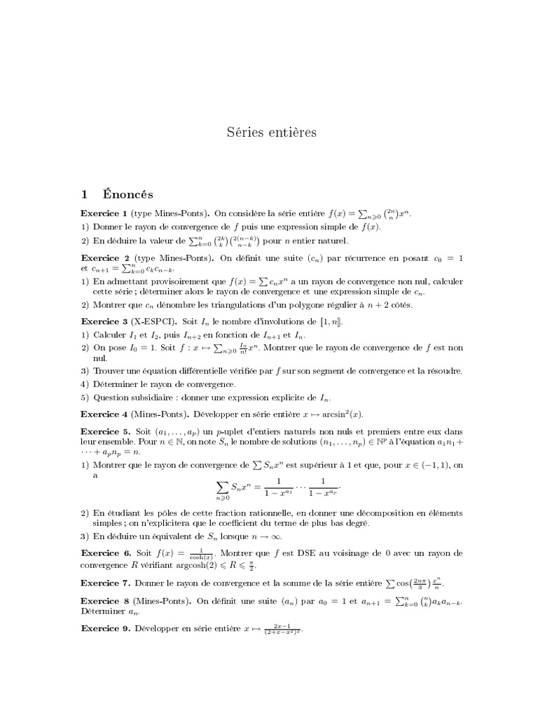 Séries entières : exercices et corrigés | PDF | Série entière ...