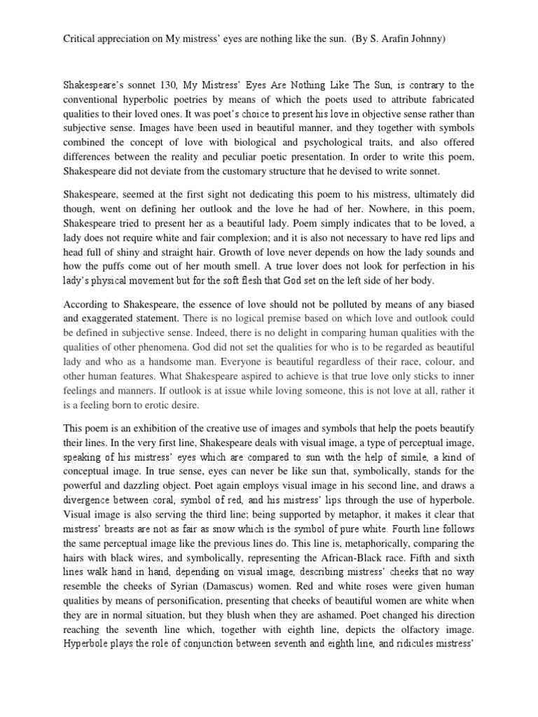 An Analysis of Shakespeare's Sonnet 130 "My Mistress’ Eyes Are Nothing ...