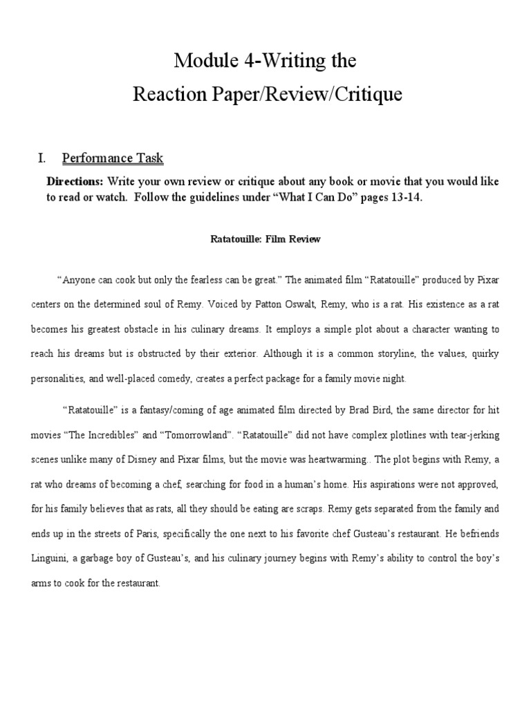 Module 4-Writing The Reaction Paper/Review/Critique: I. Performance ...