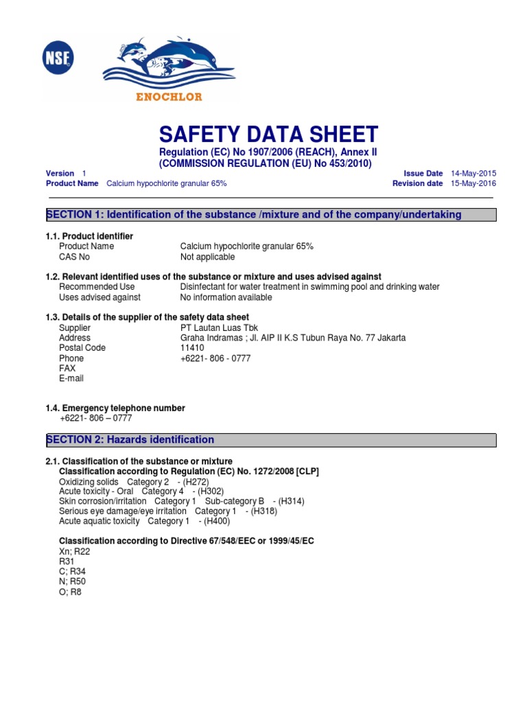 Msds-Calcium - Hypochlorite - 65% (Enochlor) | PDF | Firefighting ...