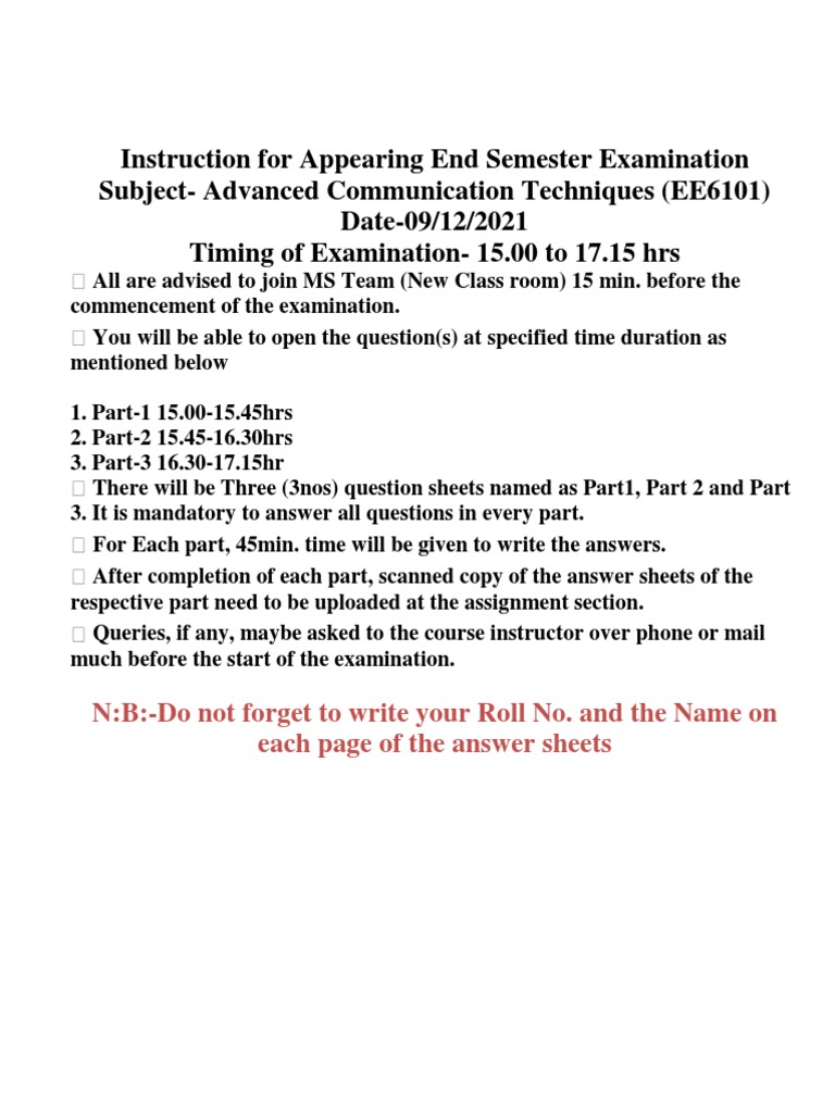 Instruction For Appearing End Semester Examination | PDF