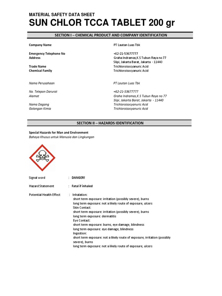 Material Safety Data Sheet for Sun Chlor TCCA Tablet 200 gr | PDF ...