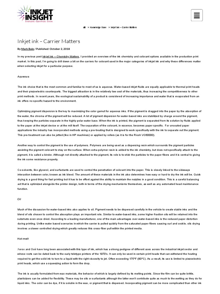 Inkjet Ink Carriers Explained | PDF | Ink | Printer (Computing)