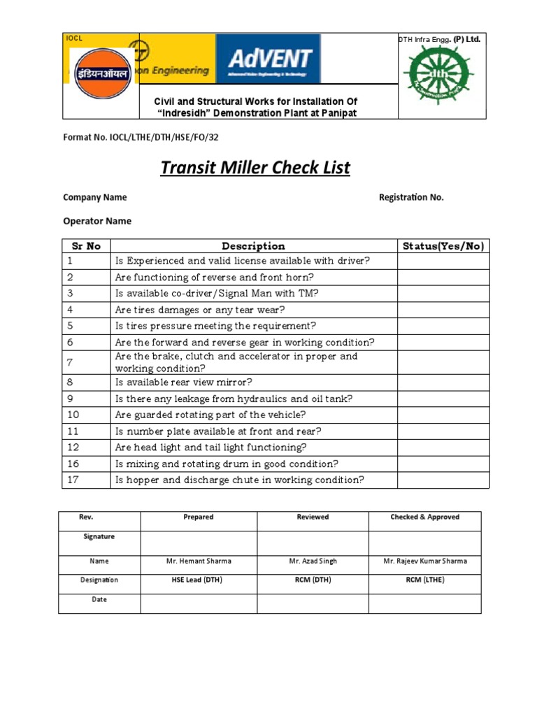 Transit Miller Check List: Operator Name SR No Description Status (Yes ...