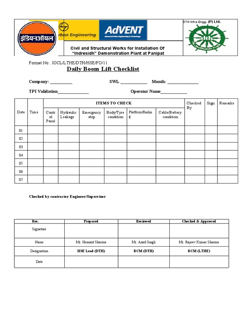 Daily Boom Lift Checklist: Civil and Structural Works For Installation ...