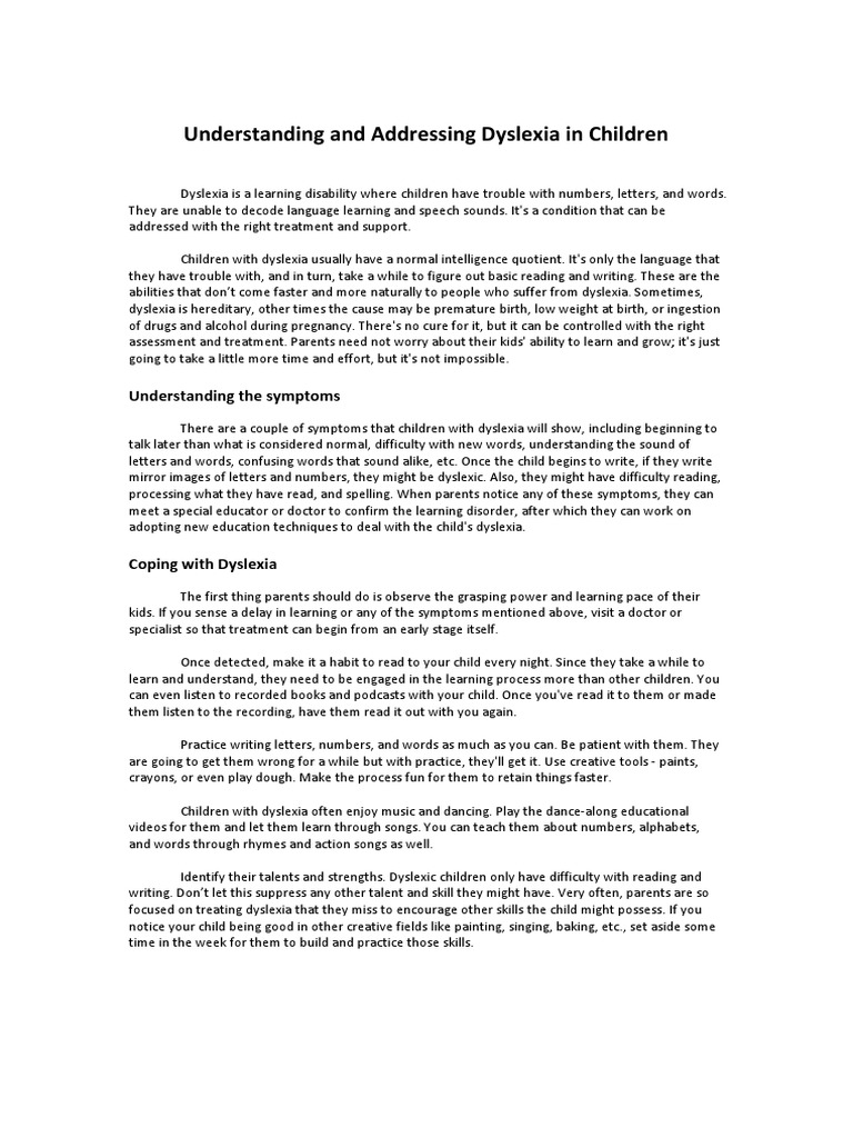 Understanding and Addressing Dyslexia in Children | PDF | Dyslexia ...