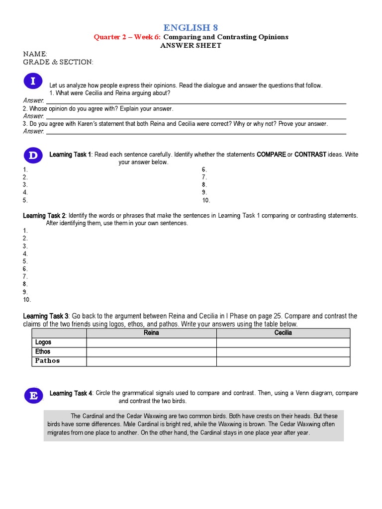 English 8 Quarter 2 Week 6 Answer Sheet | PDF | Logos | Cognition