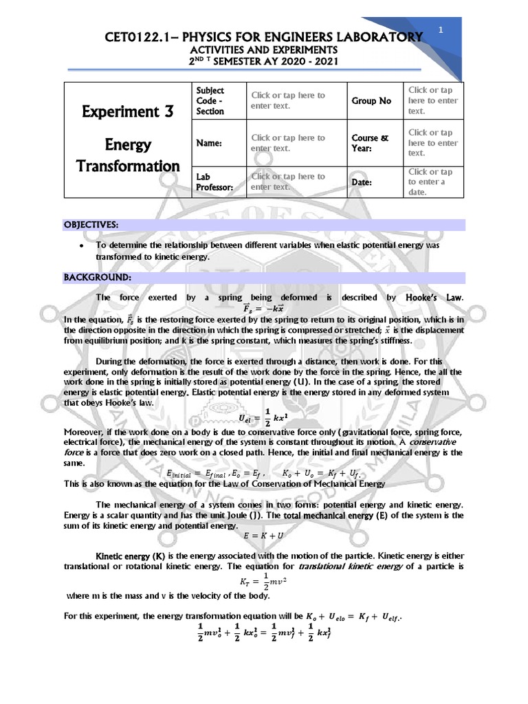 Experiment 3 Conservation of Mechanical Energy | Download Free PDF ...