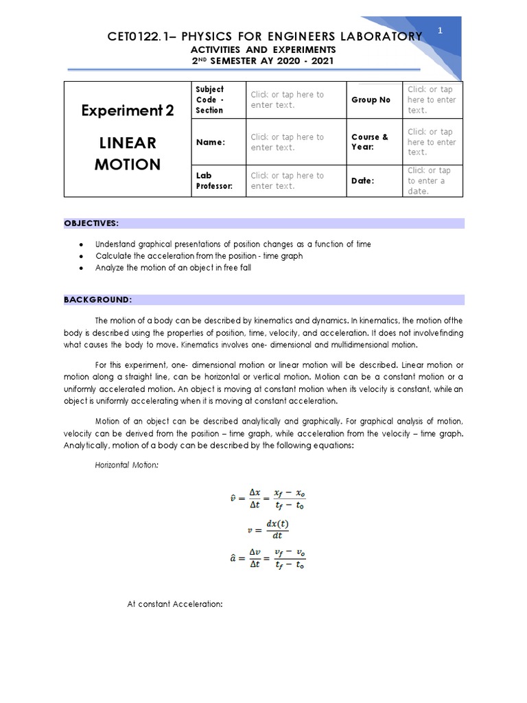 Linear Motion Experiment Overview | PDF | Acceleration | Kinematics