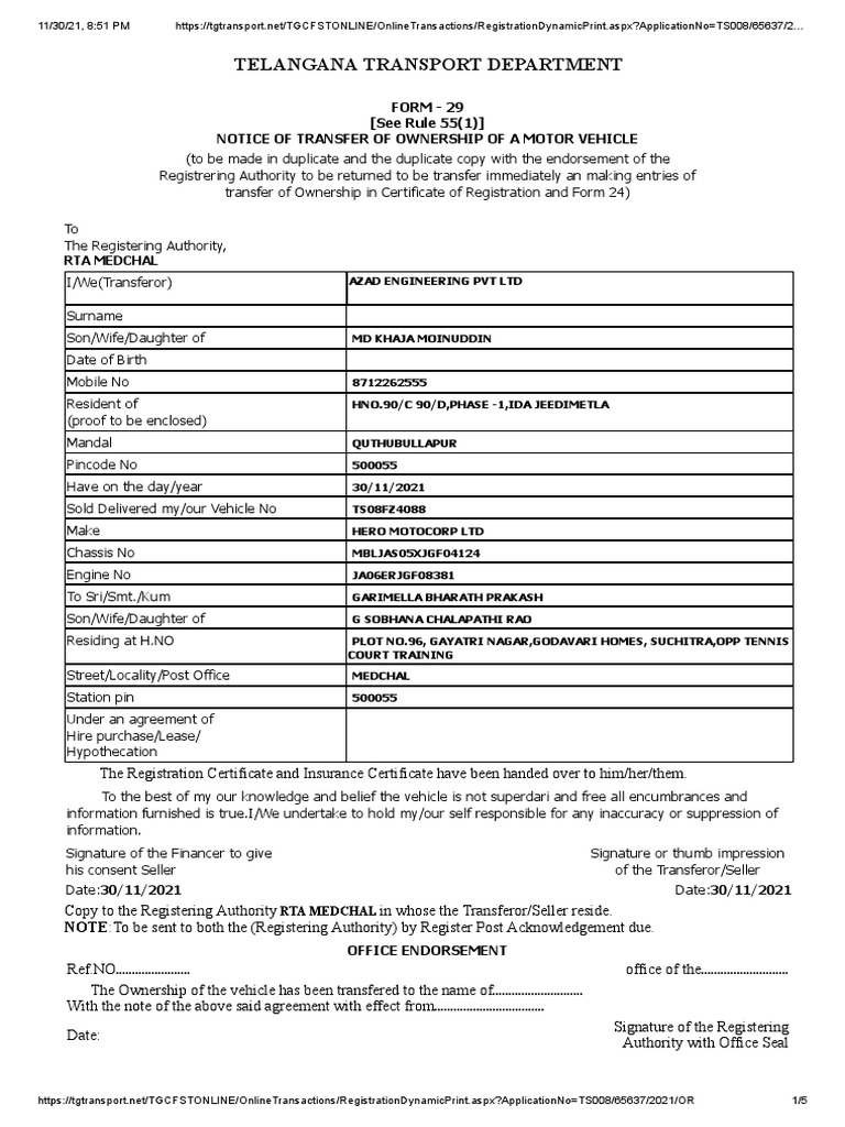 Telangana Transport Department: FORM - 29 (See Rule 55 (1) ) Notice of ...
