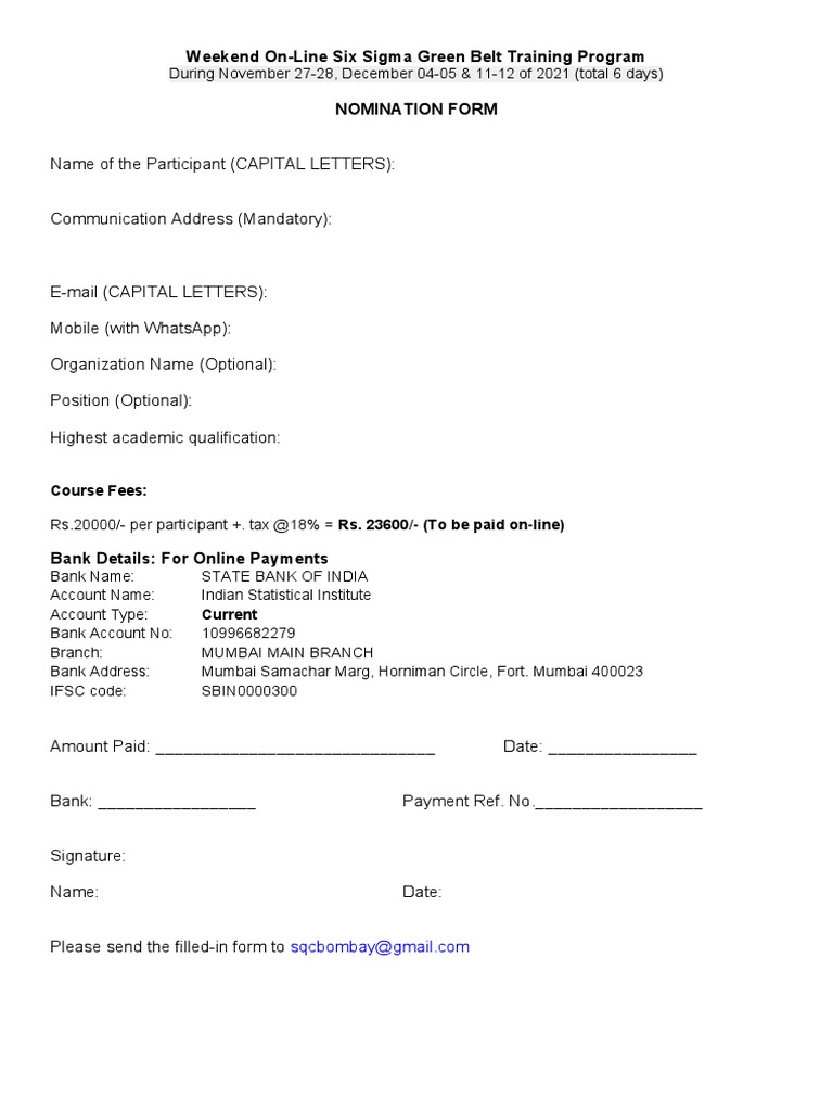 Six Sigma Green Belt Training and Certification Program Nomination Form ...