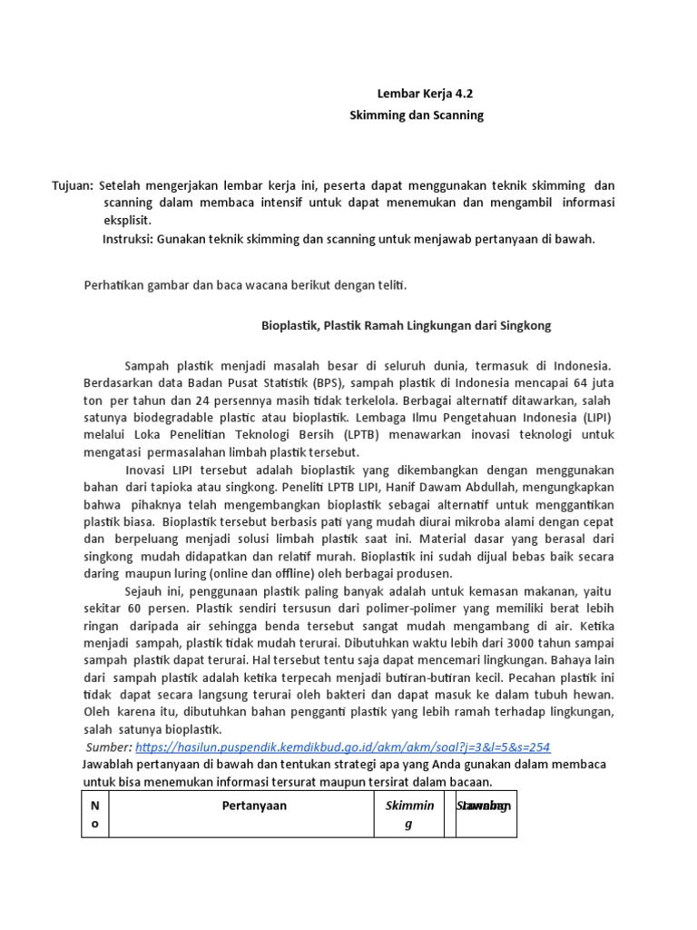 Lembar Kerja 4.2 Skimming Dan Scanning: Bioplastik, Plastik Ramah ...